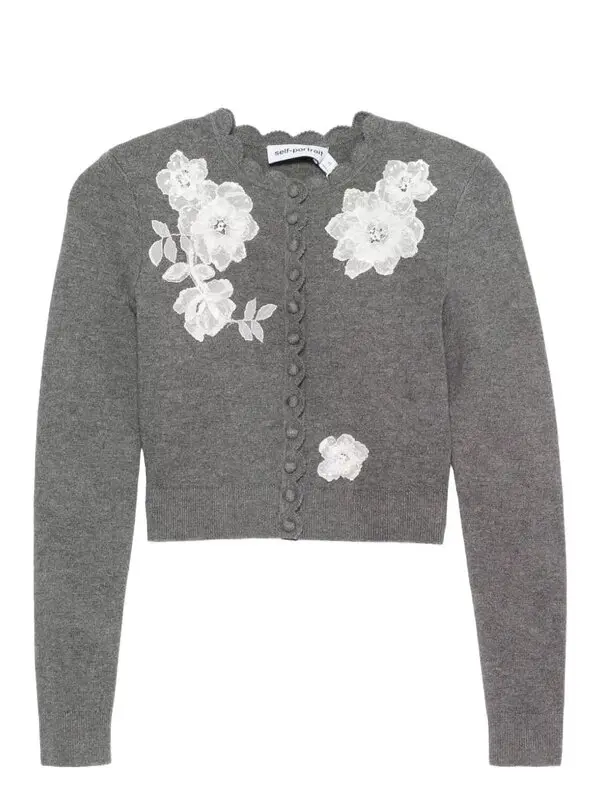 SELF-PORTRAIT Floral-appliqué Cropped Cardigan - Grey