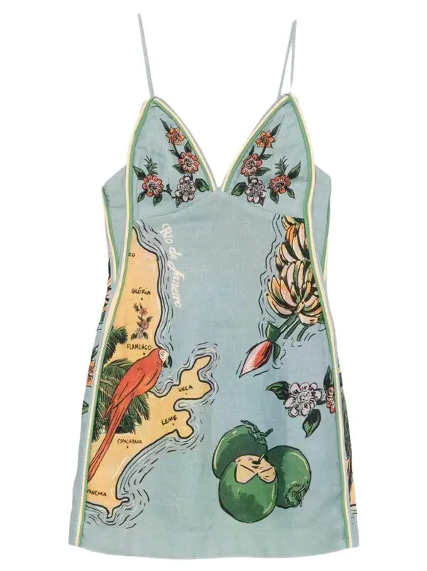 Farm Rio Beaches Embroidered Floral-print Mini Dress - Blue