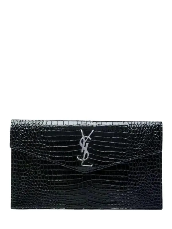 Saint Laurent 2019 Croc Embossed Leather Uptown Pouch Clutch Bag - Black