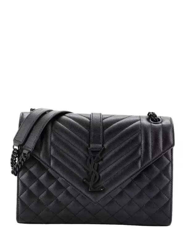 Saint Laurent Mixed Matelassé Leather Monogram Envelope Satchel Medium Shoulder Bag - Black