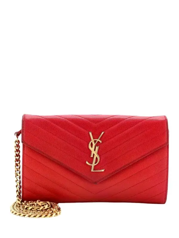 Saint Laurent Classic Monogram Wallet On Chain Matelasse Chevron Leather Medium Crossbody Bag - Red