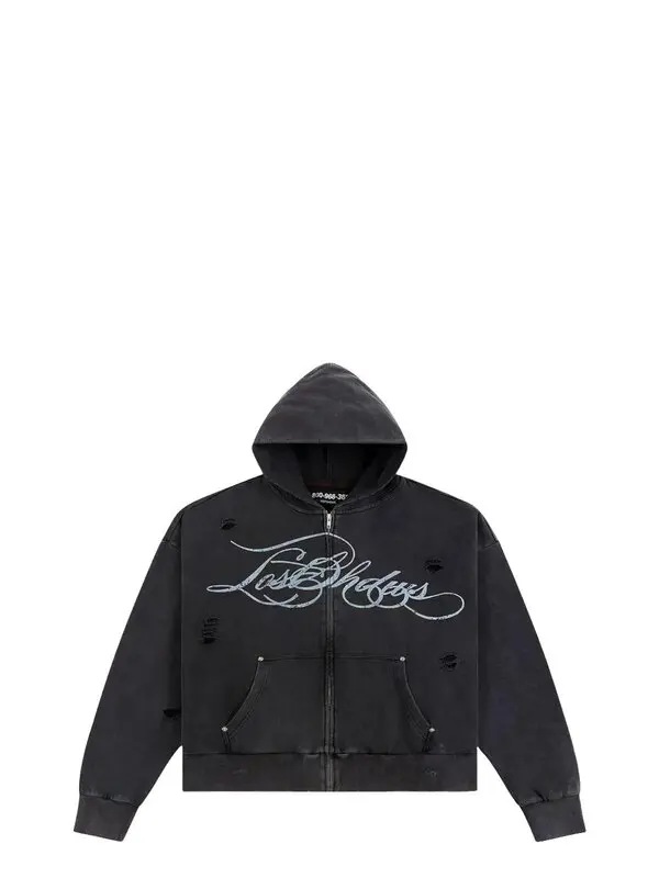 LOSTSHDWS Script-print Distressed Zip-up Hoodie - Black