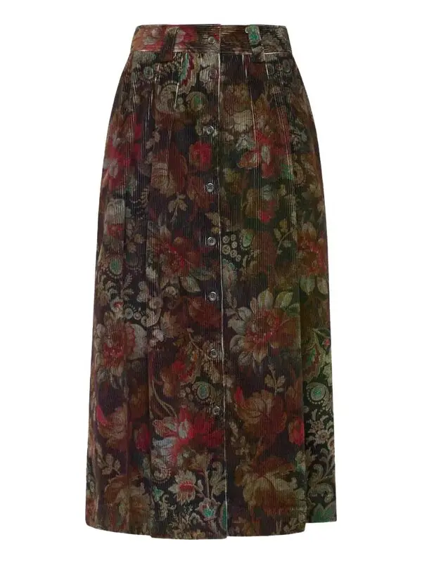 PIERRE-LOUIS MASCIA Floral Print Corduroy Skirt - Brown