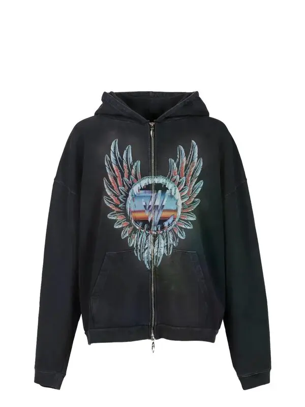 JUN/NAKAYAMA Feather-print Zip-up Hoodie - Black