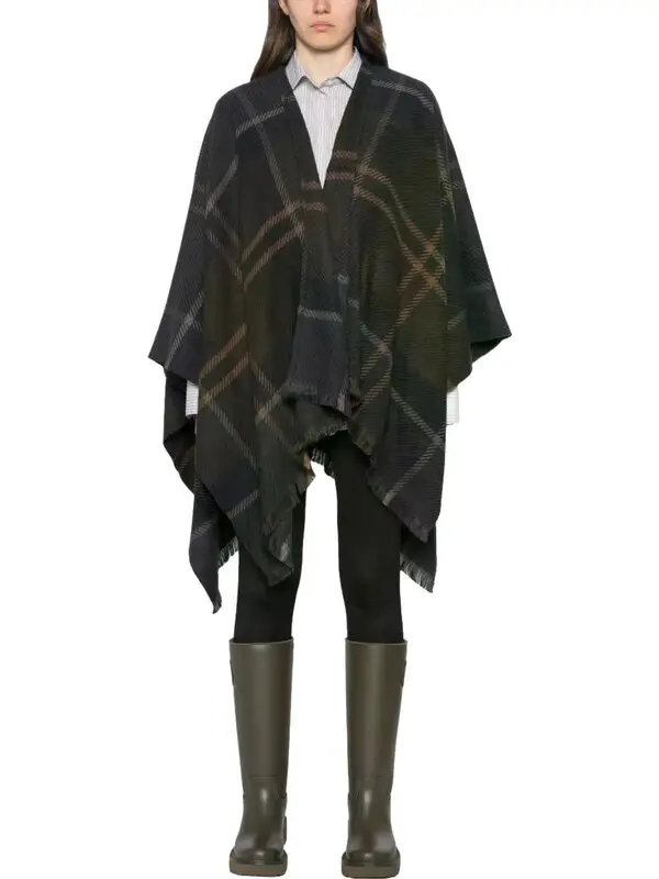Barbour Check-pattern Fringed Cape - Green