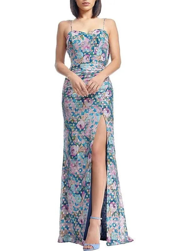 Dress The Population Drae Spaghetti Strap Floral Print Open Back High Slit Gown - Capri Multi
