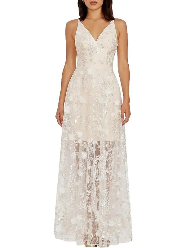 Dress The Population Sidney V-neck 3d Floral Sequin Sheer Overlay Gown - White Multi