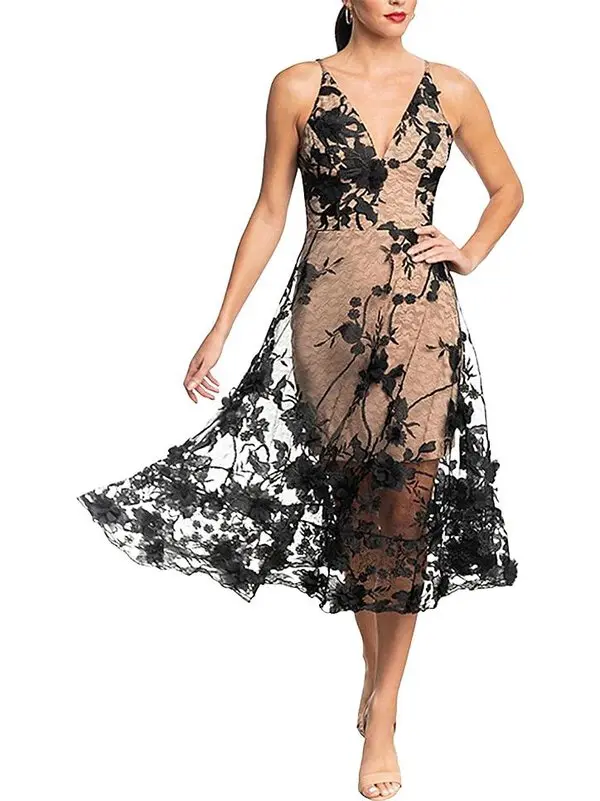 Dress The Population Audrey 3d Floral Embroidered V-neck Dress - Black/nude