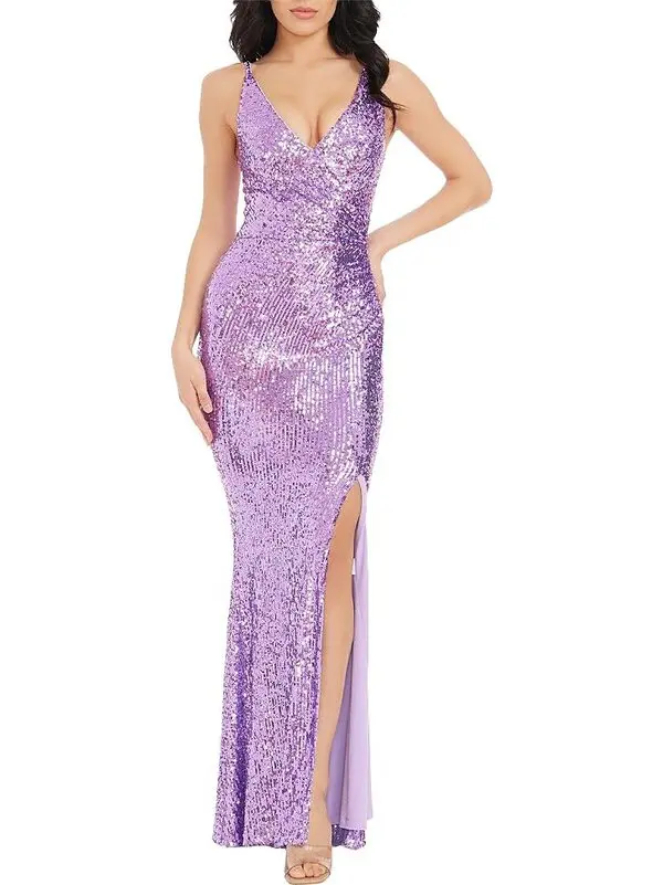 Dress The Population Jordan Plunge Neck Sequin High Slit Gown - Lavender