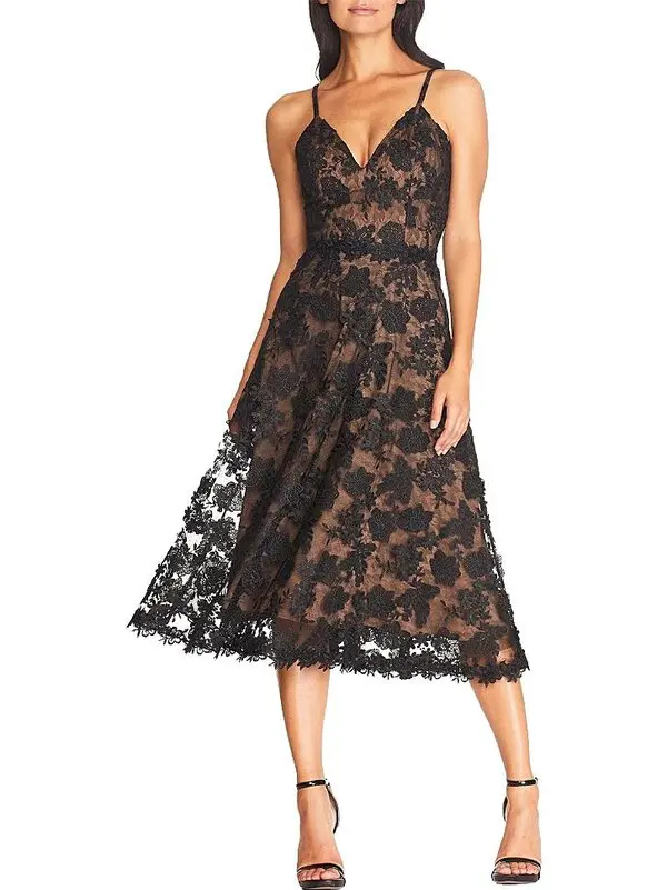 Dress The Population Tahani 3d Floral Lace V-neck Midi Dress - Black/nude