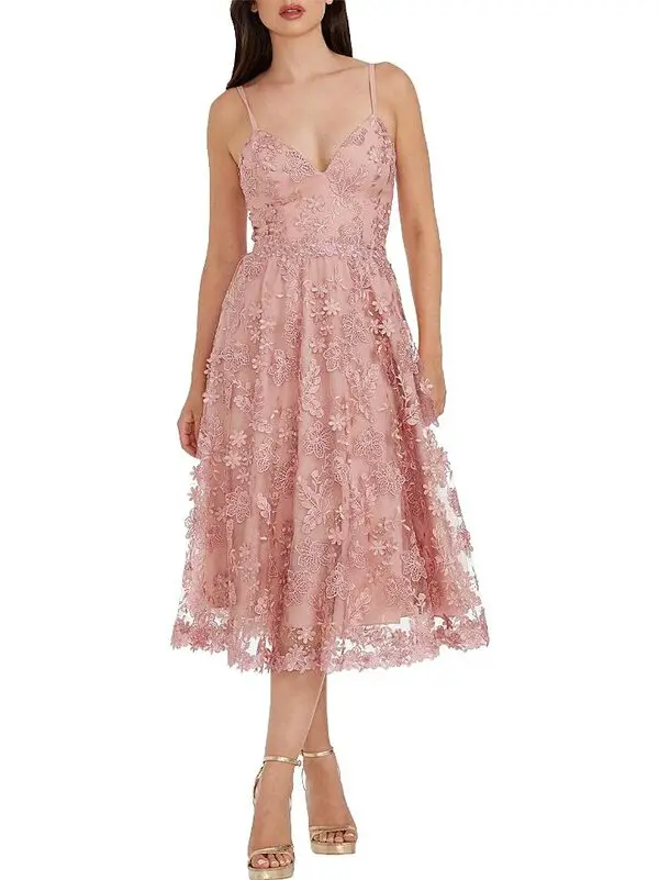 Dress The Population Tahani 3d Floral Lace V-neck Midi Dress - Blush