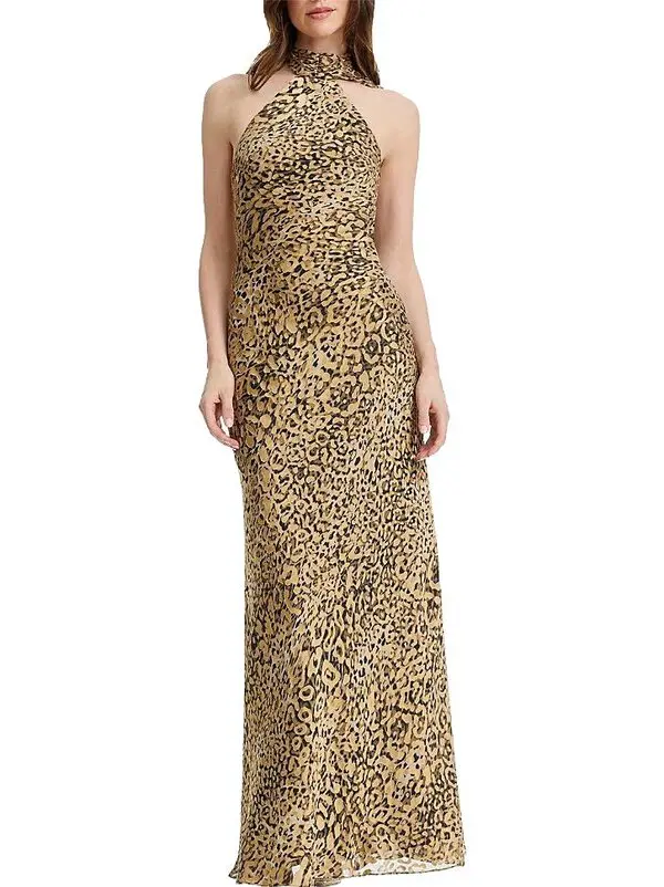 Dress The Population Halter Mock Neck Leopard Print Mermaid Gown - Leopard Multi