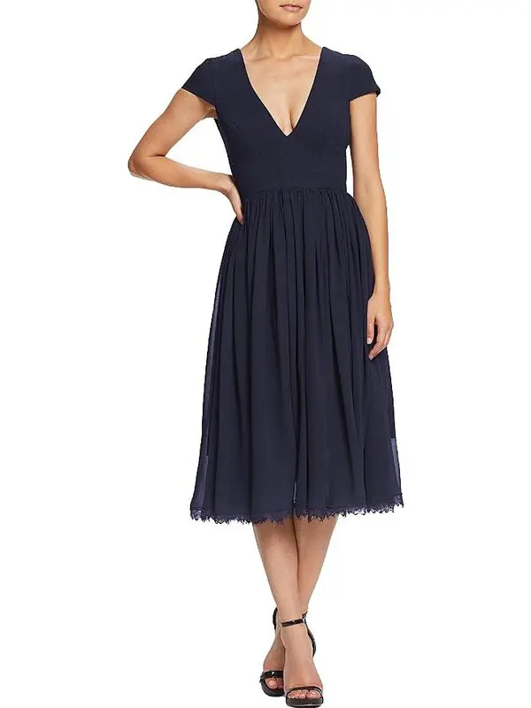 Dress The Population Corey Deep V-neck Lace Trim Midi Dress - Midnight Blue