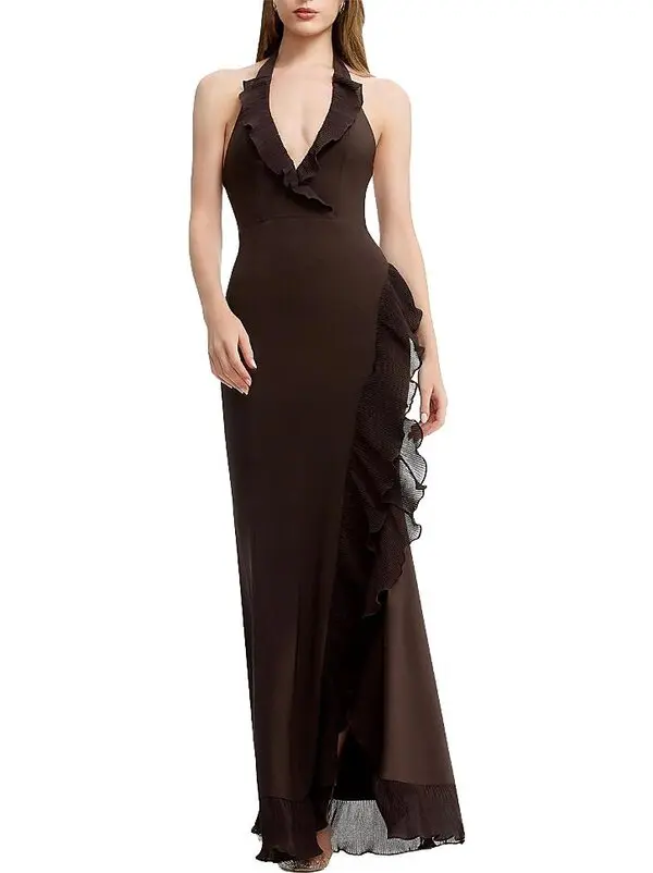 Dress The Population Kathleen Halter Plunge Ruffle Slit Gown - Mocha