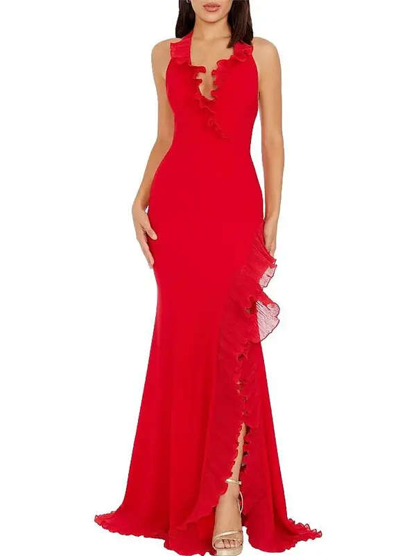 Dress The Population Kathleen Halter Plunge Ruffle Slit Gown - Rouge