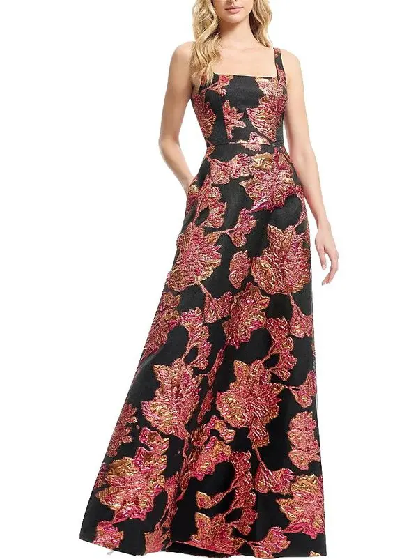 Dress The Population Vienna Square Neck Floral Jacquard A-line Gown - Fuchsia Multi