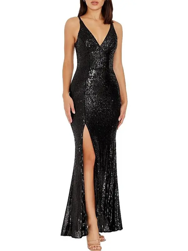 Dress The Population Iris V-neck Sequin High Slit Mermaid Gown - Black