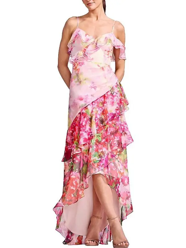 Dress The Population Lumi Spaghetti Strap Floral Print Cold Shoulder Ruffle Gown - Blush Multi