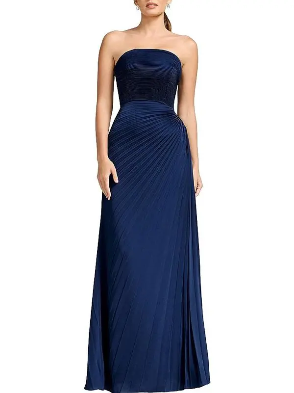 Dress The Population Kinley Strapless Pleated Satin Gown - Navy