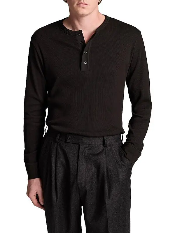 Vince Ribbed Stretch Cotton Henley Shirt - Black