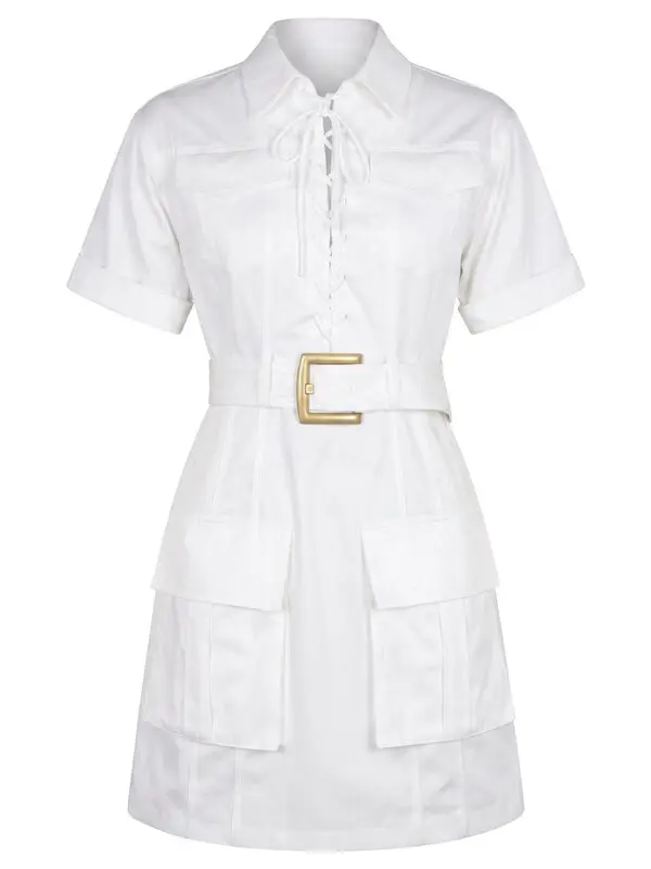 MODENAIRE Utility Mini Dress With Lace-up Front And Belted Waist - White