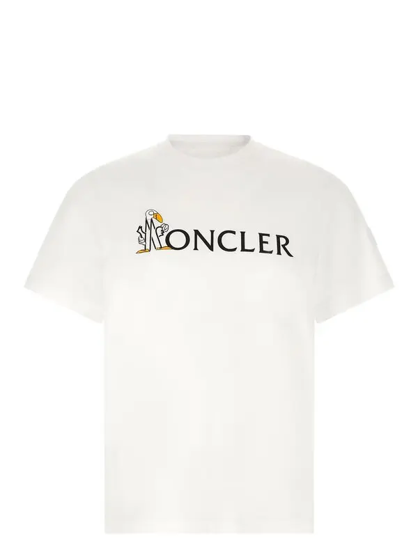 Moncler Crew Neck Cotton T-shirt With Printed Duck Logo - Bianco