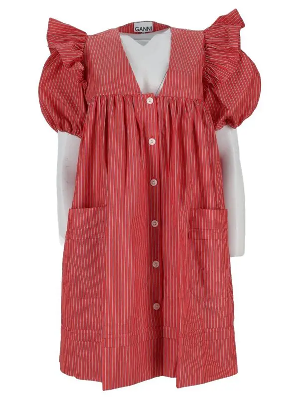 GANNI Striped Puff Sleeve Button Front Dress - Red