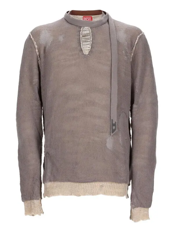 DIESEL® Distressed Knit Pullover Sweater - Grey