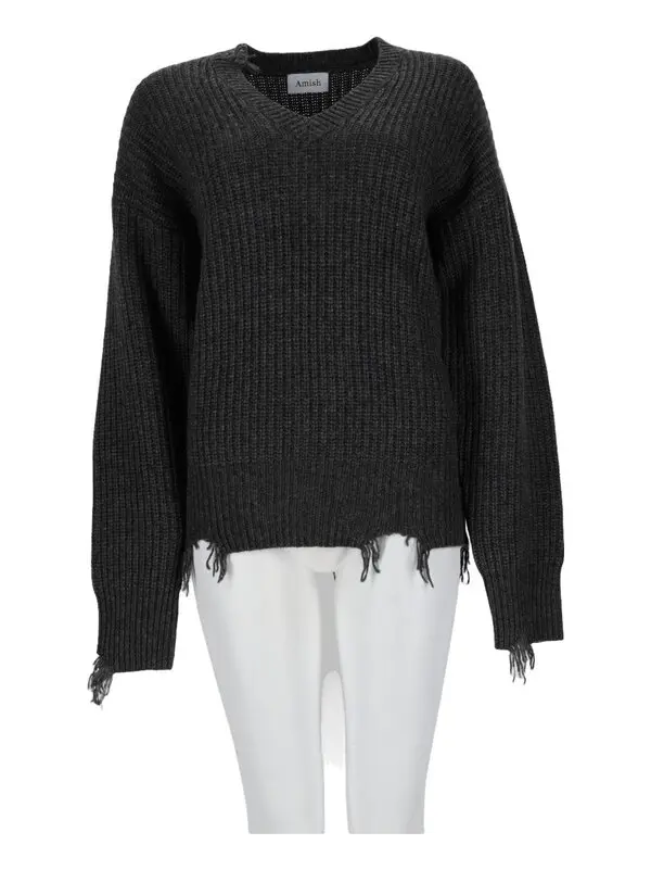 AMISH SUPPLIES Distressed V-neck Knit Sweater With Frayed Hem - Charcoal