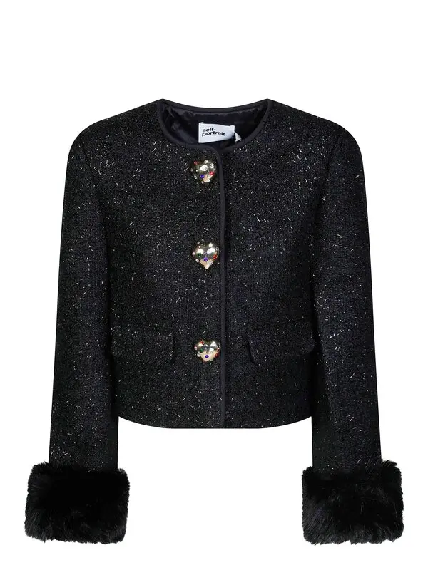 SELF-PORTRAIT Metallic Boucle Loop Faux Fur Cuff Jacket - Nero