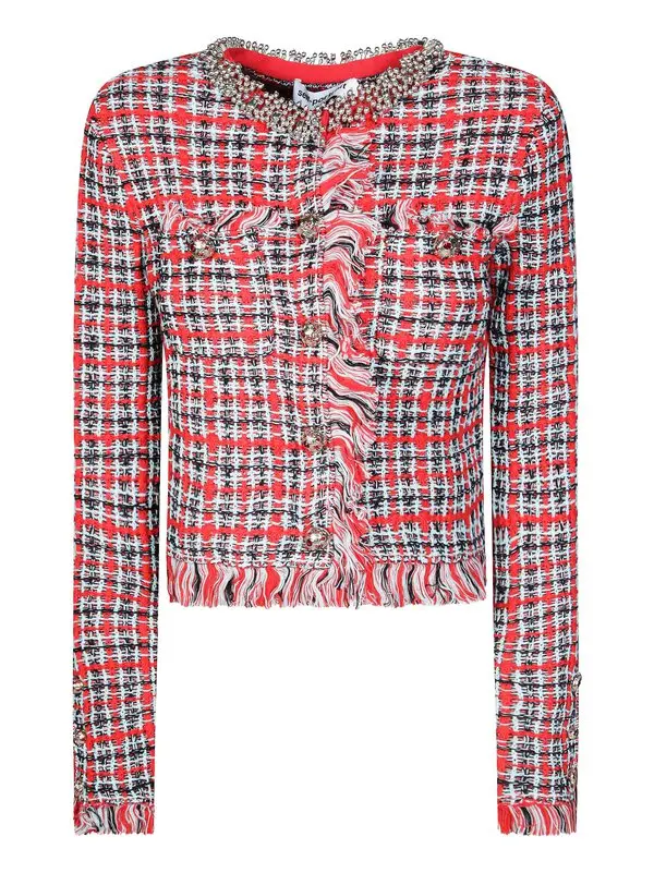 SELF-PORTRAIT Check Frayed Knit Jacket - Rosso