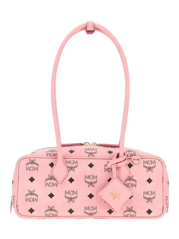 Mcm Aren Shoulder Bag In Visetos Logo Coated Cotton - Pink