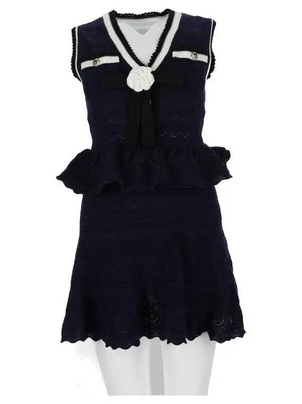 SELF-PORTRAIT Sleeveless Knit Mini Dress With Contrast Trim - Blue