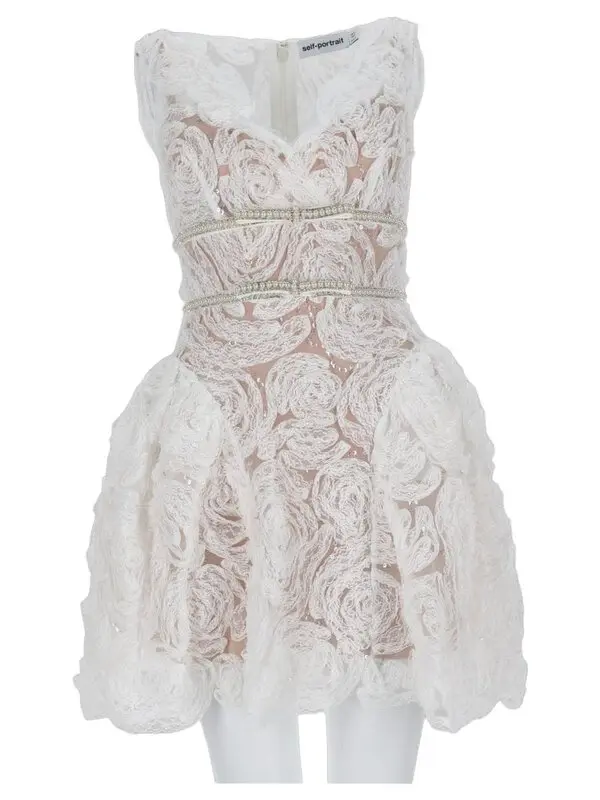SELF-PORTRAIT Lace Appliqué Mini Dress - White