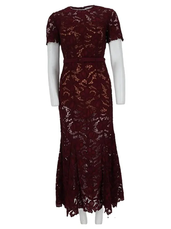 SELF-PORTRAIT Lace Midi Dress With Belted Waist - Bordeaux