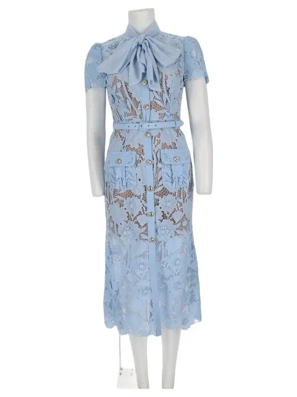 SELF-PORTRAIT Lace Button-front Midi Dress - Blue