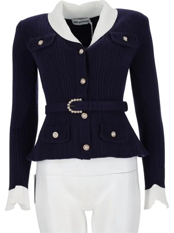 SELF-PORTRAIT Pearl-trim Ribbed Knit Cardigan With Belt - Blue