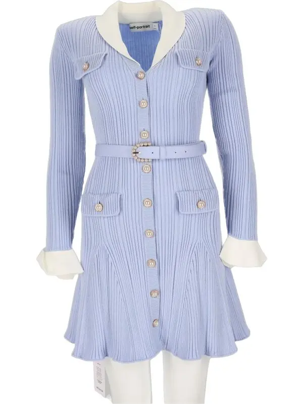 SELF-PORTRAIT Ribbed Knit Button-front Mini Dress - Blue