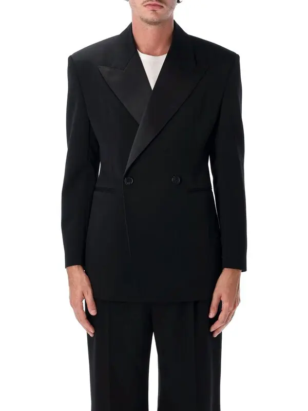 Saint Laurent Grain De Poudre Tuxedo Jacket With Satin Peak Lapels And Double-breasted Front - Nero