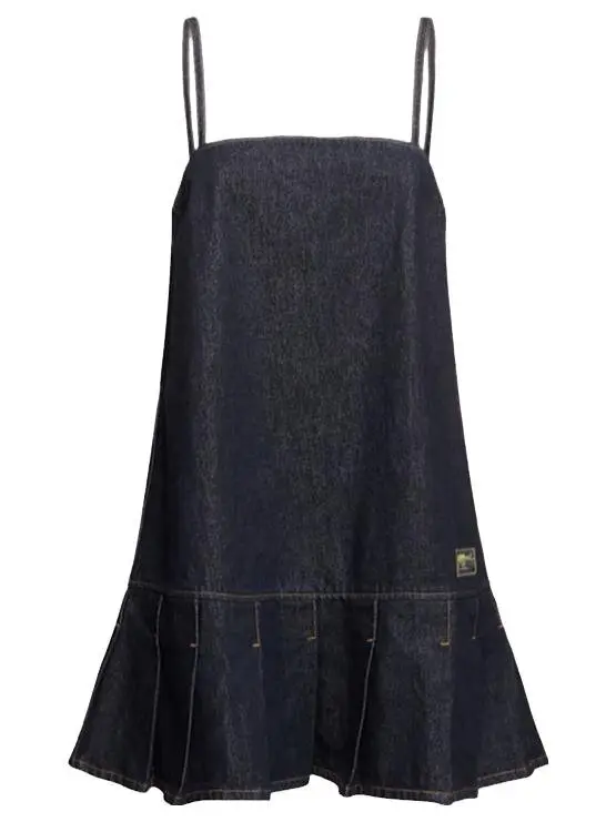GANNI Denim Pinafore Dress With Ruffled Hem - Blue