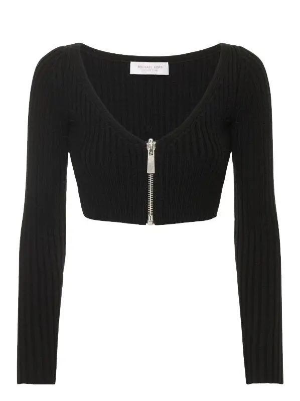 Michael Kors Wool Ribbed Knit Cropped Top With Zip - Black