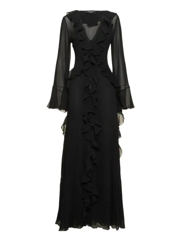 Blumarine Cotton Silk Georgette Frill Long Dress - Black