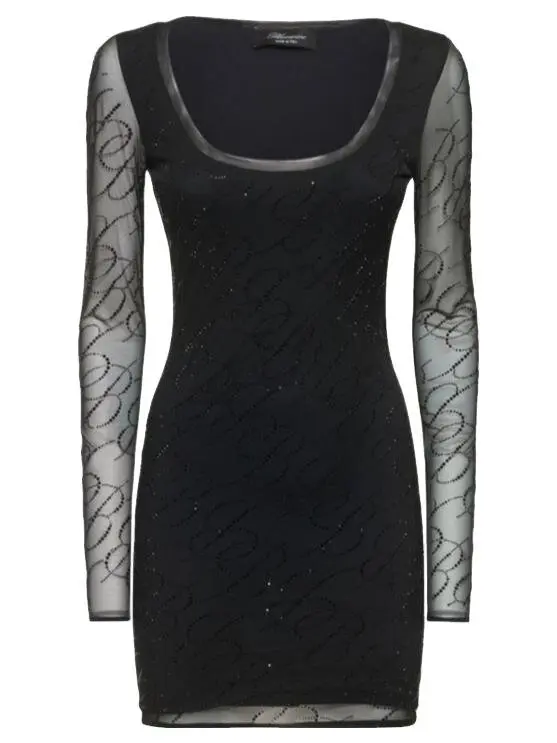 Blumarine Mesh Hotfix Logo Mini Dress - Black