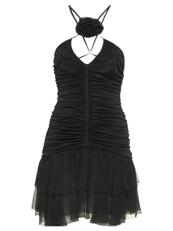 Blumarine Jersey Chiffon Mini Dress With Flower - Black