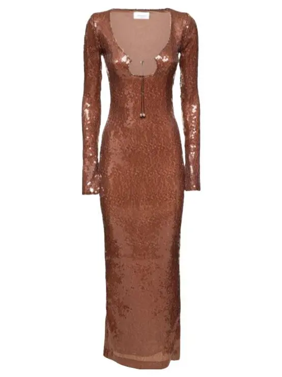 16Arlington Sequined Long-sleeved Maxi Dress - Brown