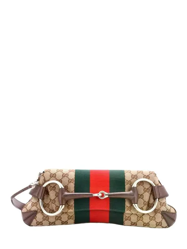 Gucci Horsebit Web Chain Clutch Gg Canvas Medium Shoulder Bag - Brown