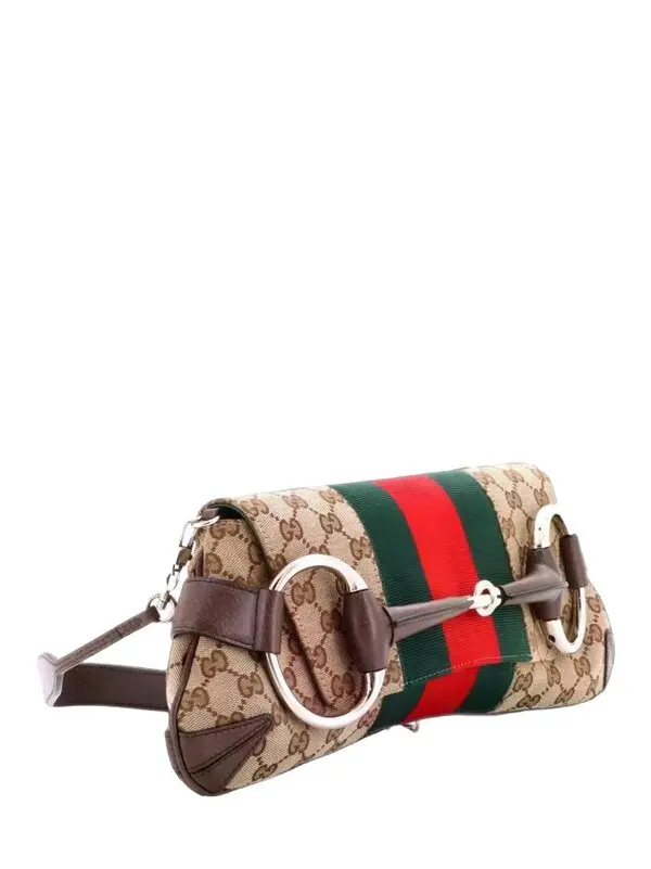 Gucci Horsebit Web Chain Clutch Gg Canvas Medium Shoulder Bag - Brown