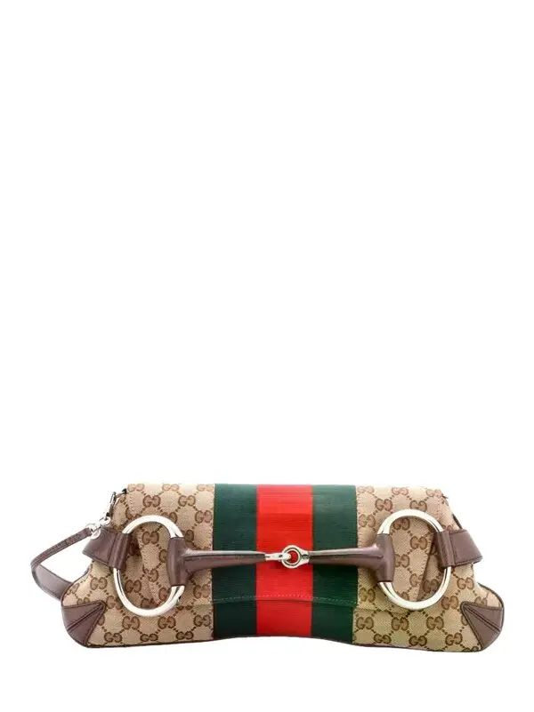 Gucci Horsebit Web Chain Clutch Gg Canvas Medium Shoulder Bag - Brown