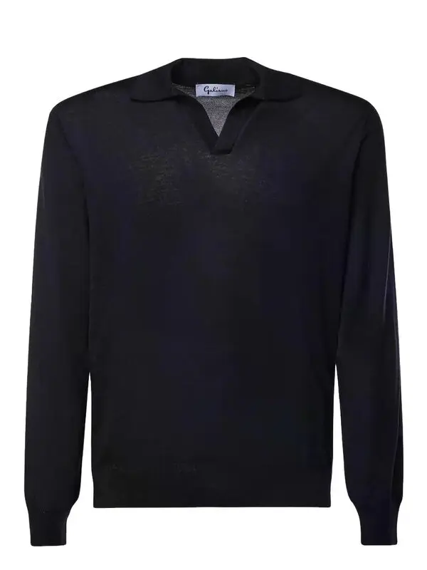 GALIANO Fine Knit Long-sleeve Polo Sweater - Blue