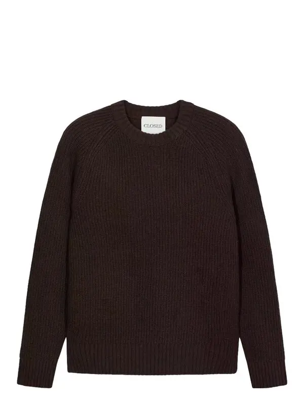 Closed Ribbed-knit Raglan-sleeve Pullover - Brown